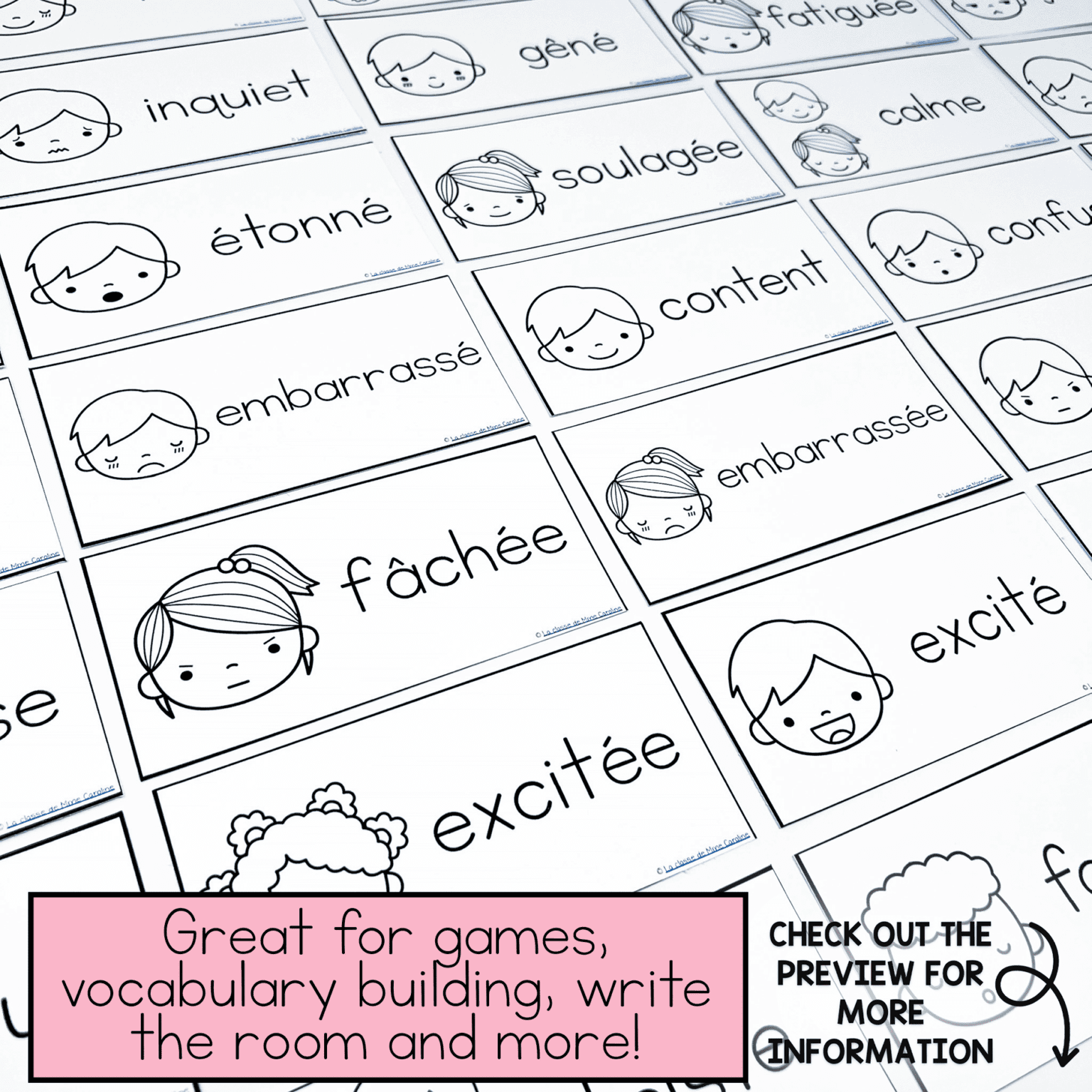 French Emotions Vocabulary Word Wall Cards | Cartes de vocabulaire les ...