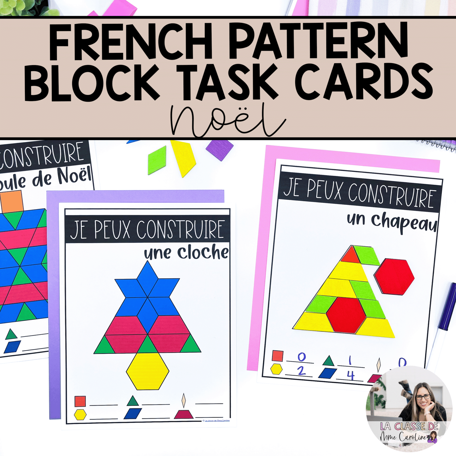 French Christmas Pattern Block Task Cards | French Math Centres for ...